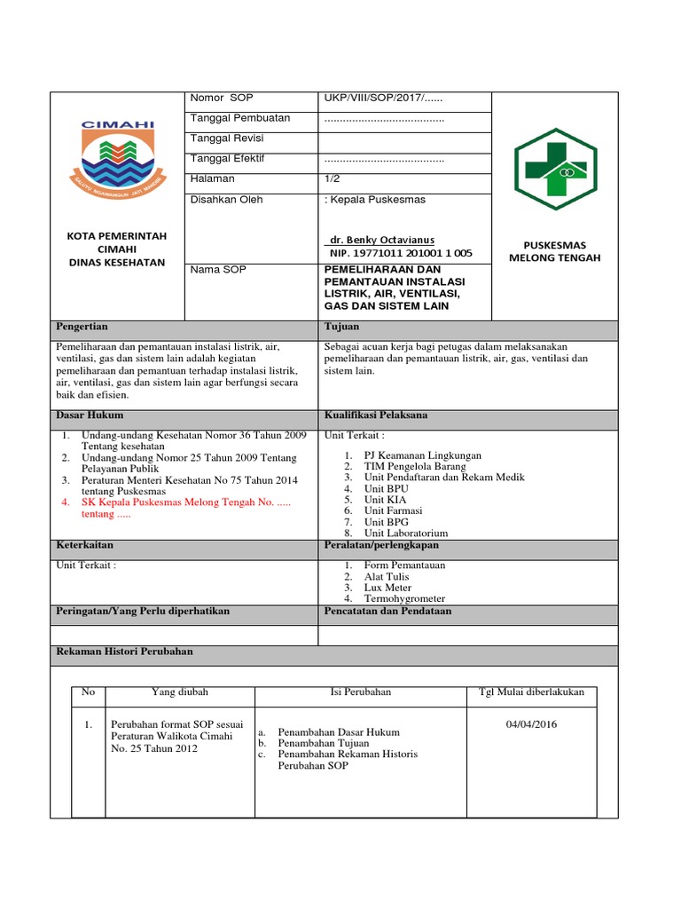Sop Pemeliharaan Dan Pemantauan Instalasi Listrik, Air, Ventilasi, Gas Dan Sistem Lain | PDF