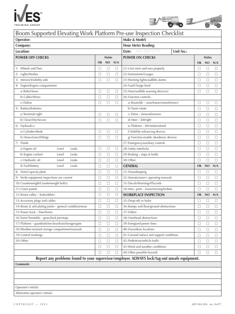 Boom Supported Elevating Work Platform Pre-Use Inspection Checklist ...
