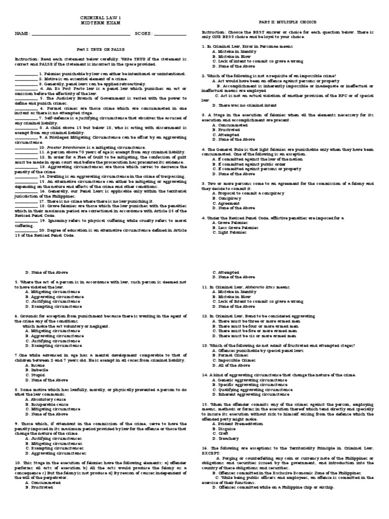 Criminal Law I Sample Midterm Exam | PDF | Crime & Violence | Crime ...