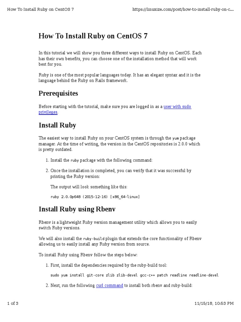 How To Install Ruby On Centos 7 Prerequisites Pdf Ruby Programming Language Unix Software