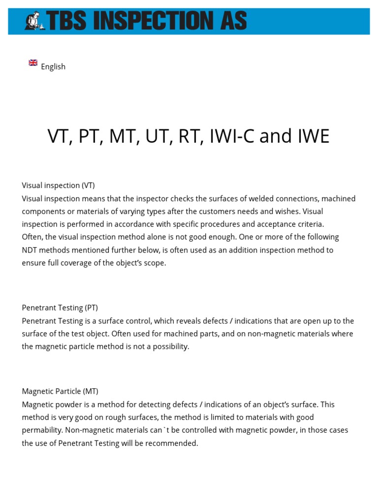 VT, PT, MT, Ut, RT, Iwi-C and Iwe - Tbsinspection | PDF | Welding ...
