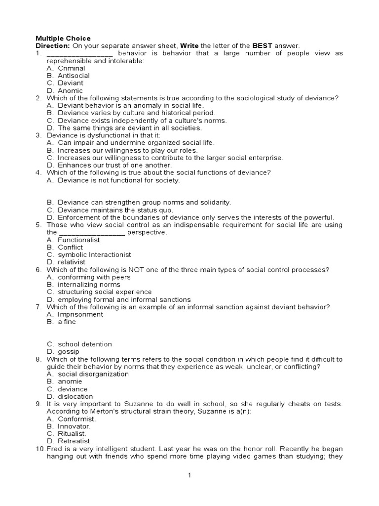 Multiple Choice Direction: On Your Separate Answer Sheet, Write The ...