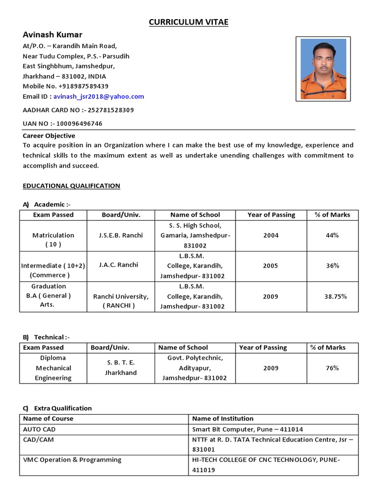 Curriculum Vitae (Avinash Kumar) | PDF