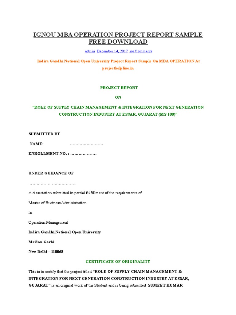 Ignou Mba Operation Project Report Sample | PDF | Inventory | Logistics