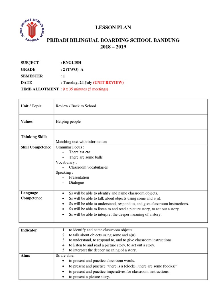 Lesson Plan Pribadi Bilingual Boarding School Bandung 2018 - 2019 | PDF ...