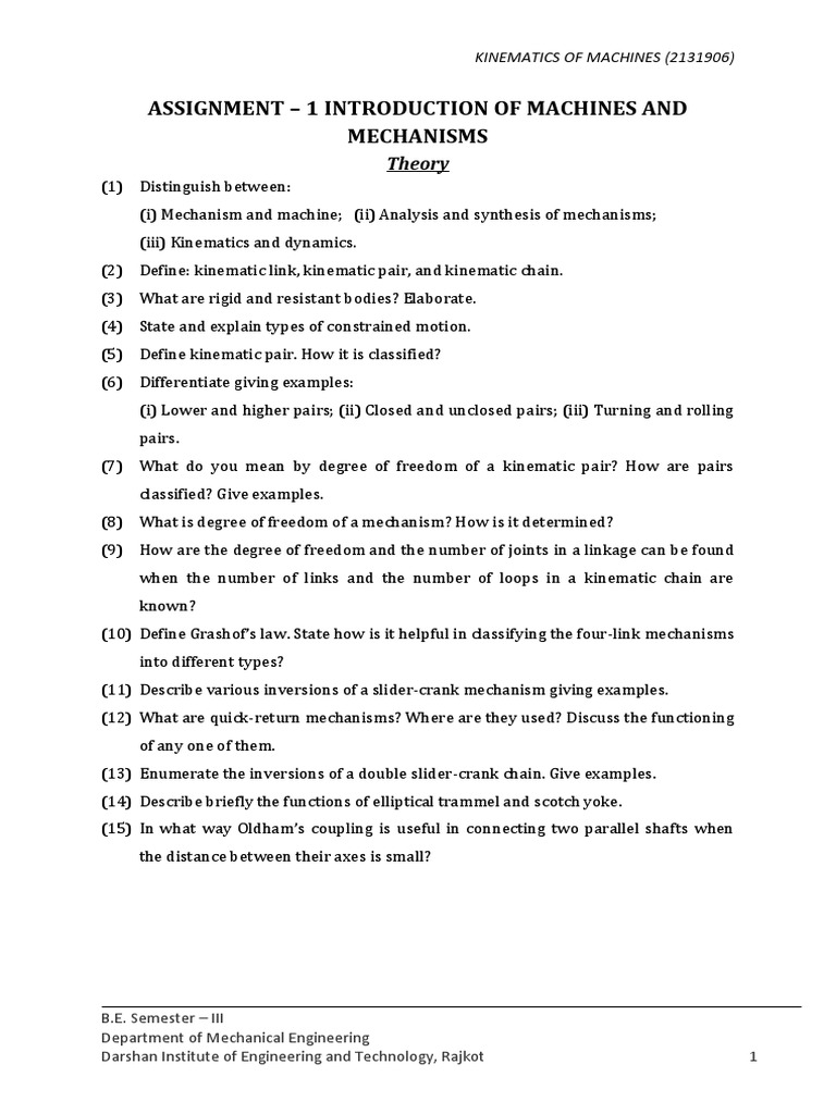 Assignment - 1 Introduction of Machines and Mechanisms: Theory | PDF ...