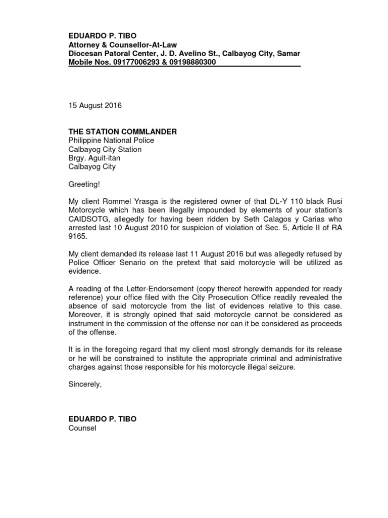 Letter To Chief of PNP For Release of Motorcycle | PDF