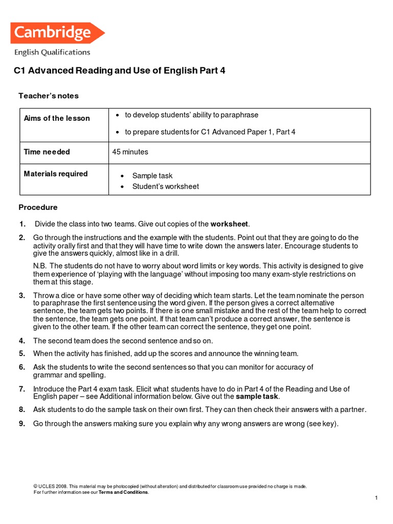 C1 Advanced Reading and Use of English Part 4: Teacher's Notes | PDF ...
