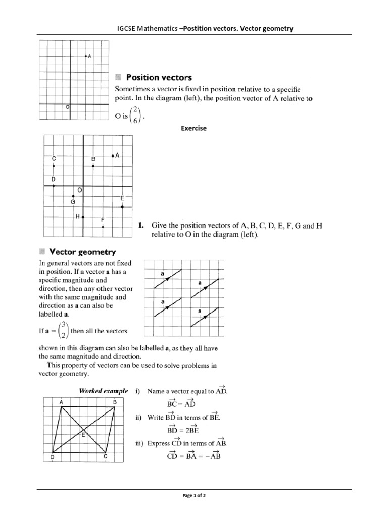IGCSE Mathematics - Postition Vectors. Vector Geometry: Exercise | PDF