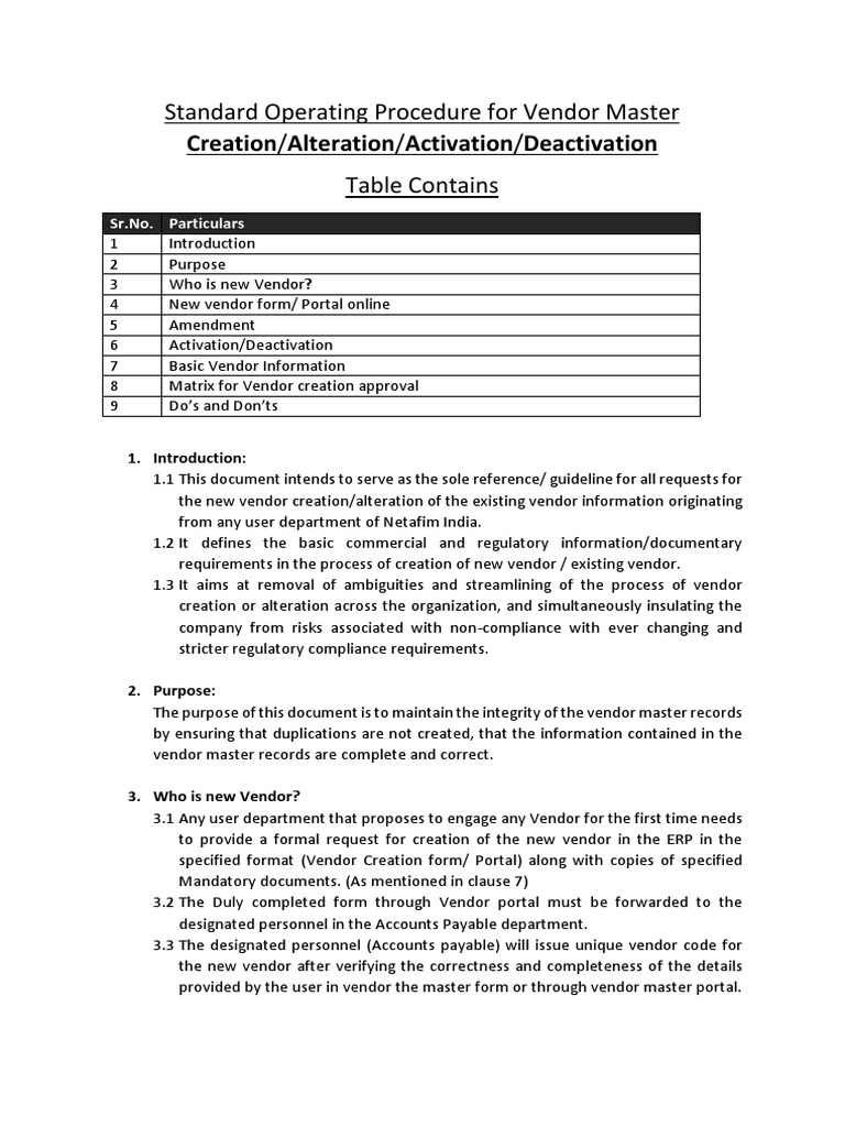 SOP For Vendor Master | PDF | Accounts Payable | Cheque