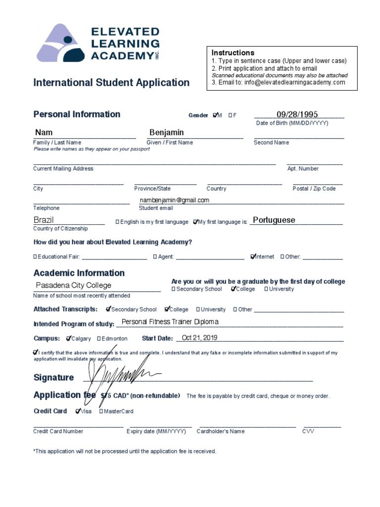 International Student Application Form | PDF | Money Order | Credit Card