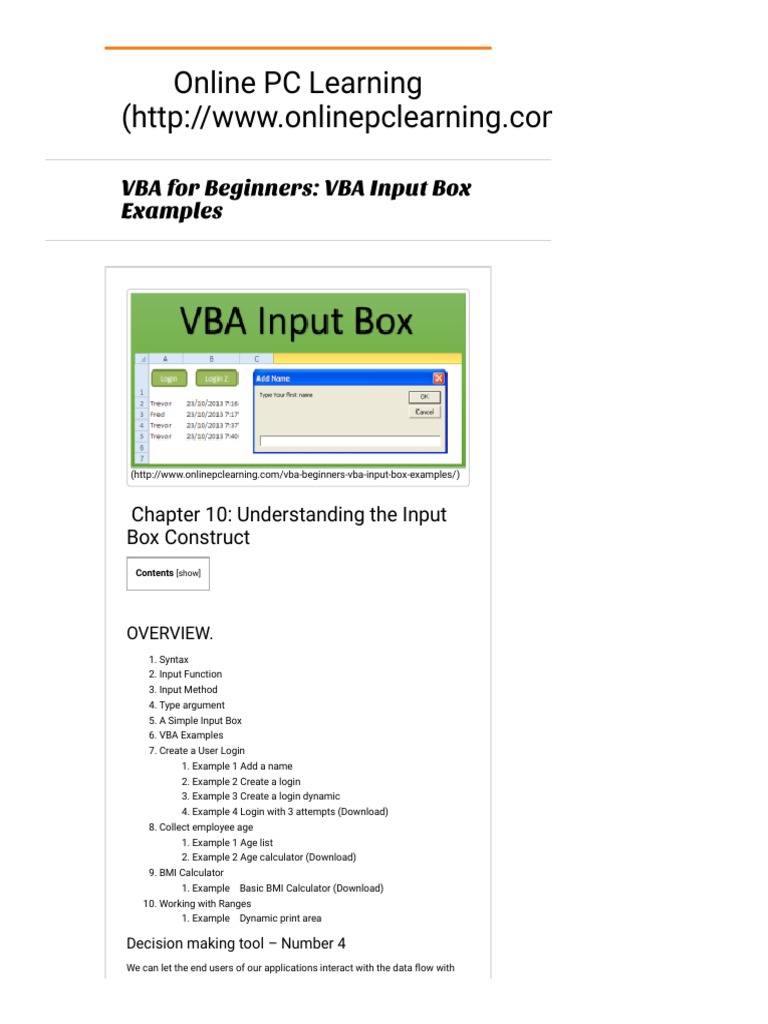 VBA For Beginners VBA Input Box Examples - Online PC Learning | PDF ...