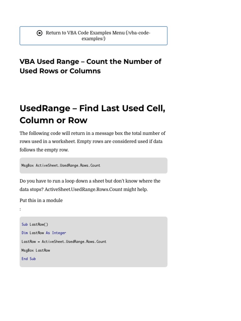 VBA Used Range - Count The Number of Used Rows or Columns - VBA Code For Row Count Examples ...