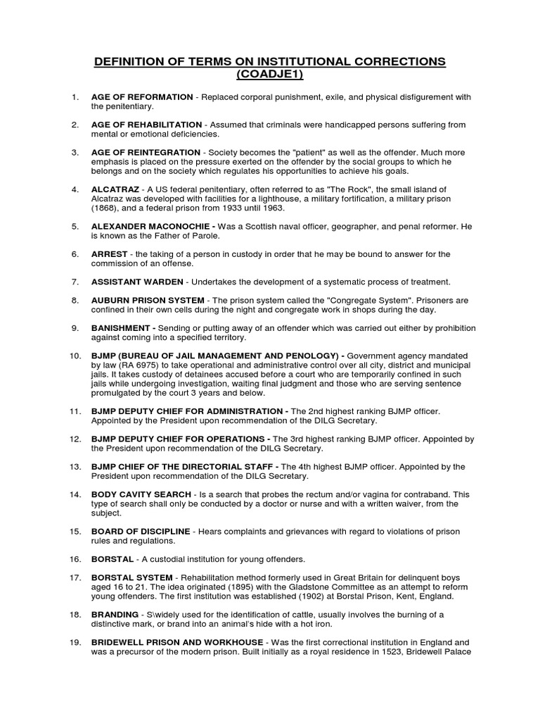 Definition of Terms On Institutional Corrections (COADJE1) | PDF ...