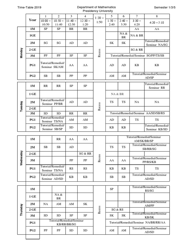 Presidency University Department of Mathematics Semester Time-Table 2019 | PDF