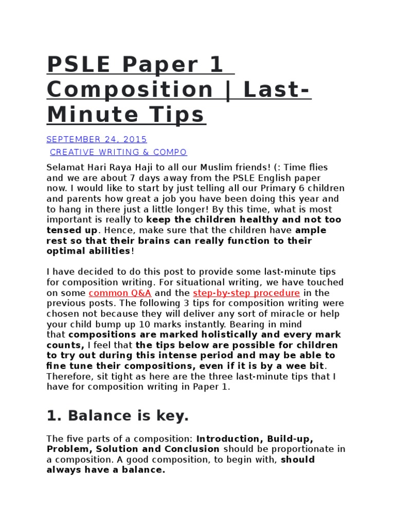 PSLE Paper 1 Composition - Last-Minute Tips: 1. Balance Is Key | PDF ...