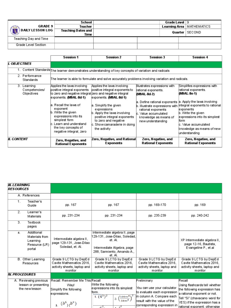 Mathematics Lesson Plan on Exponents and Radicals for Grade 9 Students ...