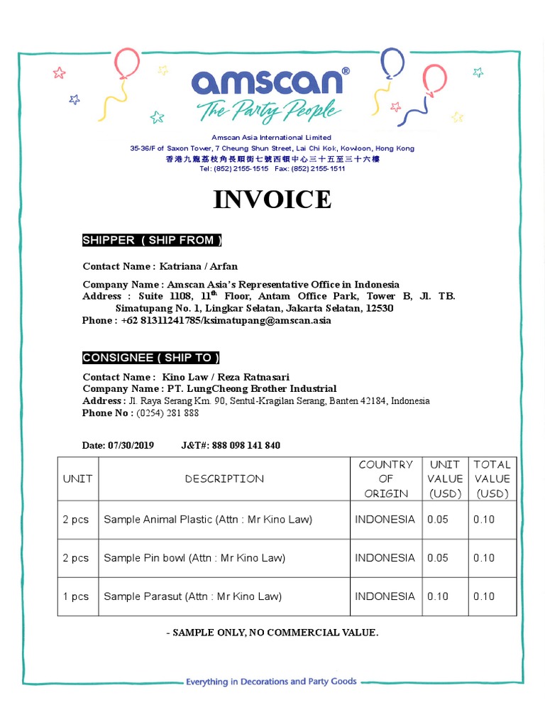 Invoice Amscan PTLCBI Bucket 01 August 2019 | PDF