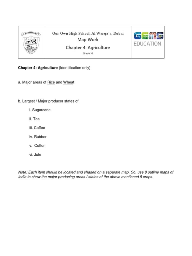 Agriculture Map Work for Grade 10 | PDF