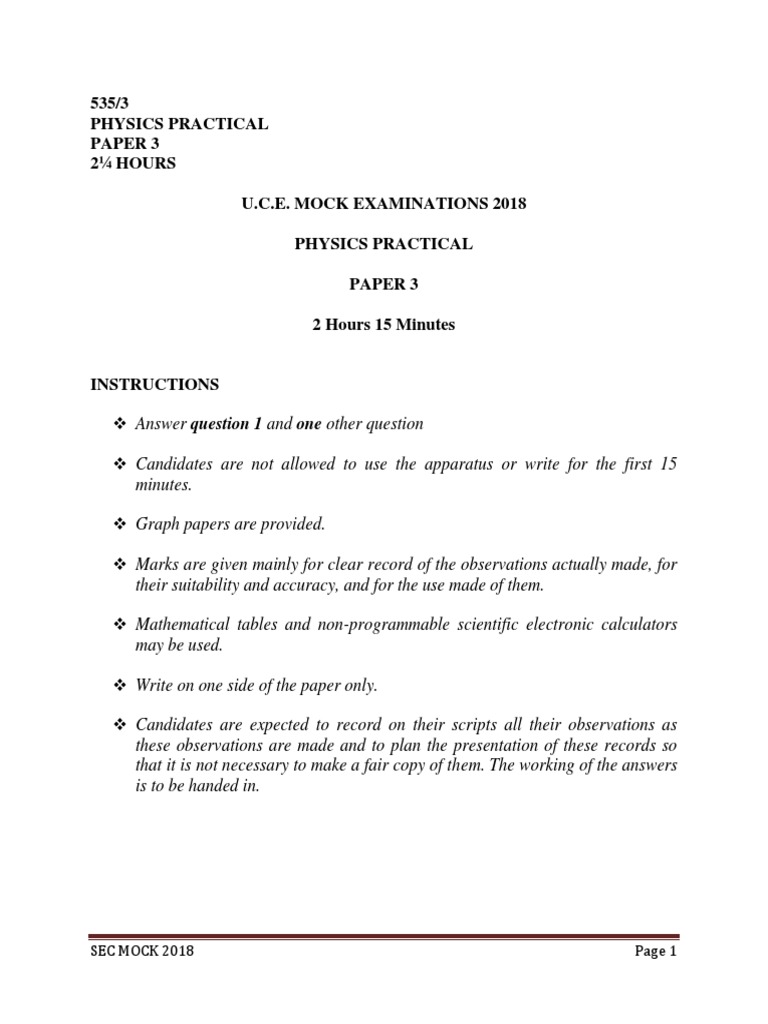 535/3 Physics Practical Paper 3 2 Hours U.C.E. Mock Examinations 2018 ...