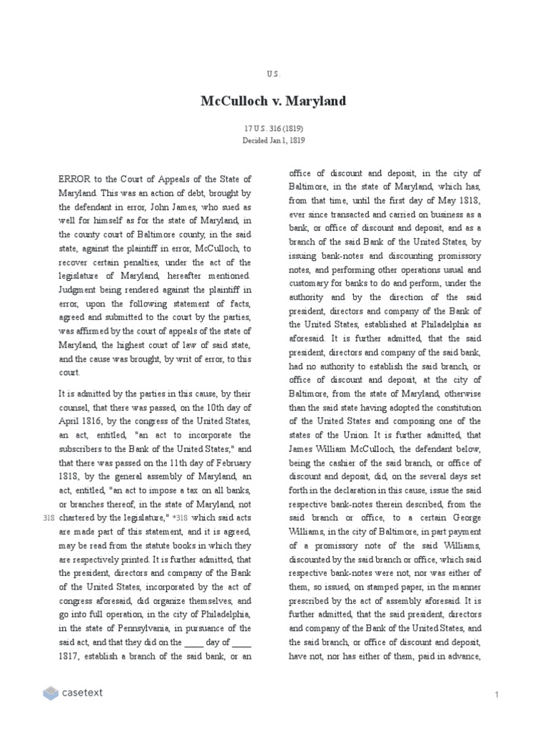 McCulloch v. Maryland | PDF | United States Constitution | Sovereignty