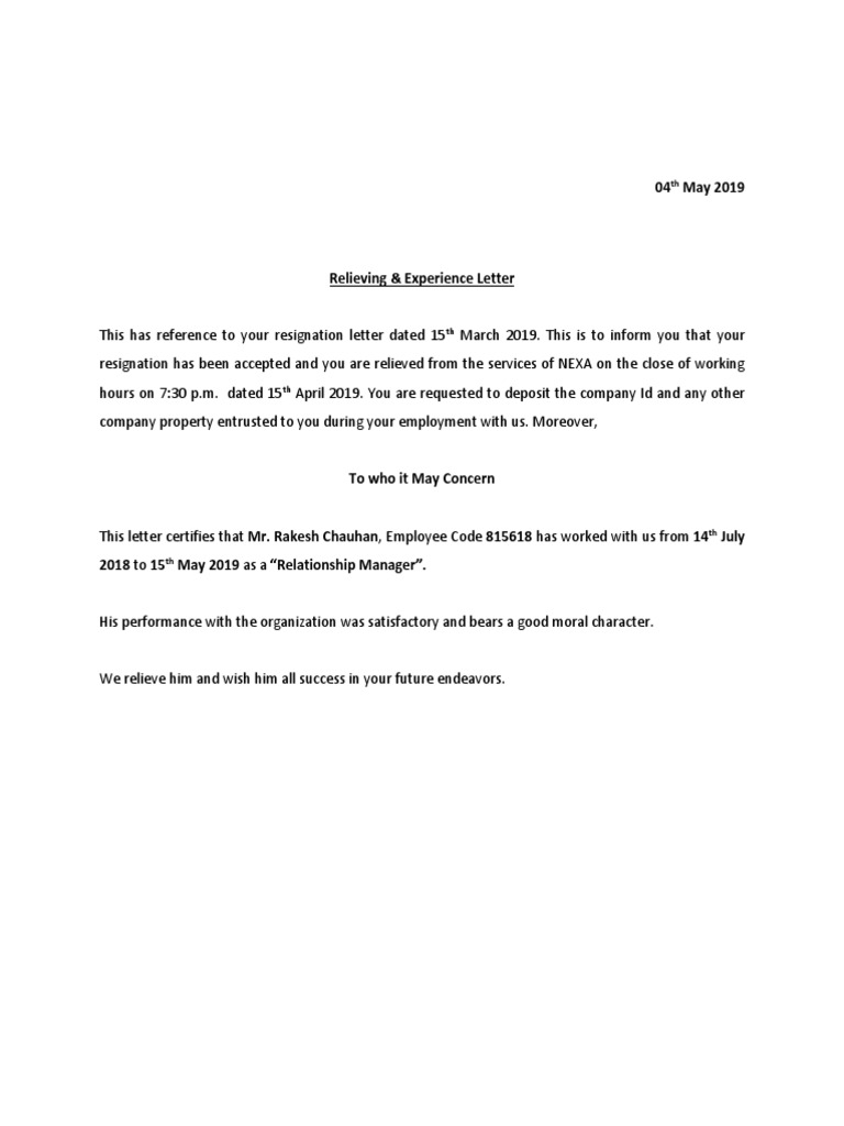 Experience & Relieving Letter | PDF | Career & Growth