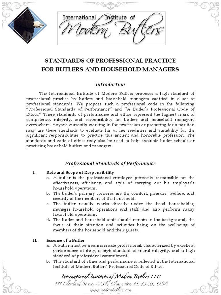 Butler and Household Manager Standards | PDF | Employment | Lunch