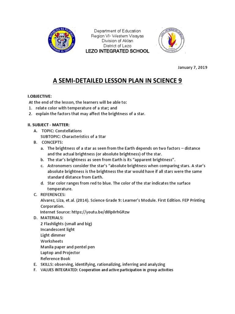 Science 9 Lesson Plan: Star Characteristics | PDF | Electricity ...