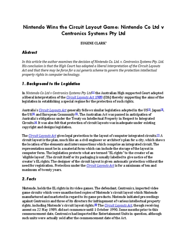 Nintendo Wins The Circuit Layout Game: Nintendo Co LTD V Centronics ...
