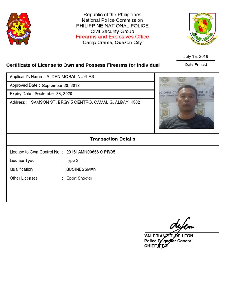 Firearms License Certificate Details | PDF