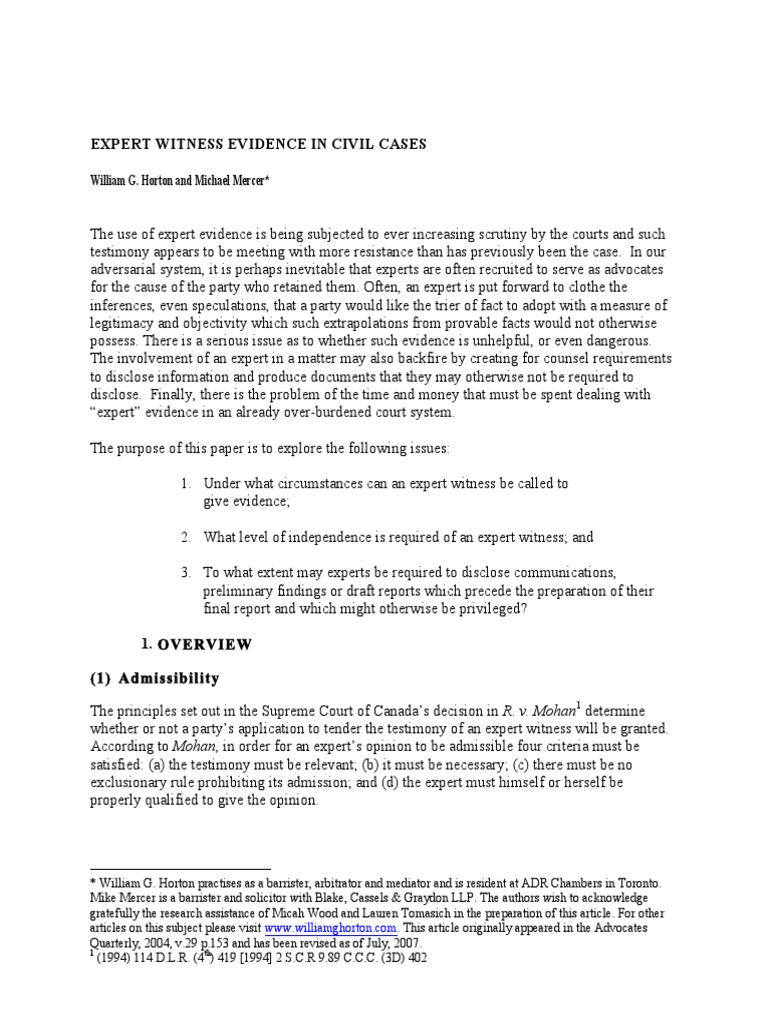 Expert Witness Evidence in Civil Cases William G. Horton and Michael ...