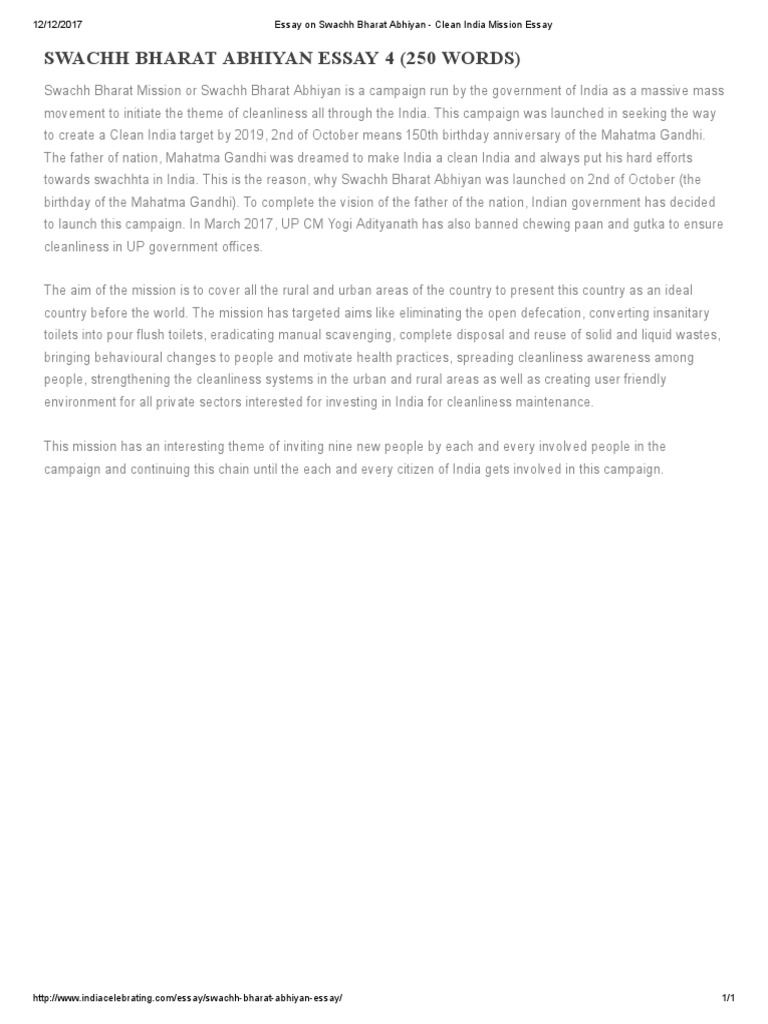 Essay On Swachh Bharat Abhiyan - Clean India Mission Essay | PDF