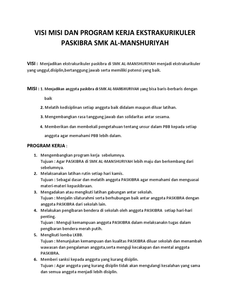Visi Misi Dan Program Kerja Ekstrakurikuler Paskibra | PDF