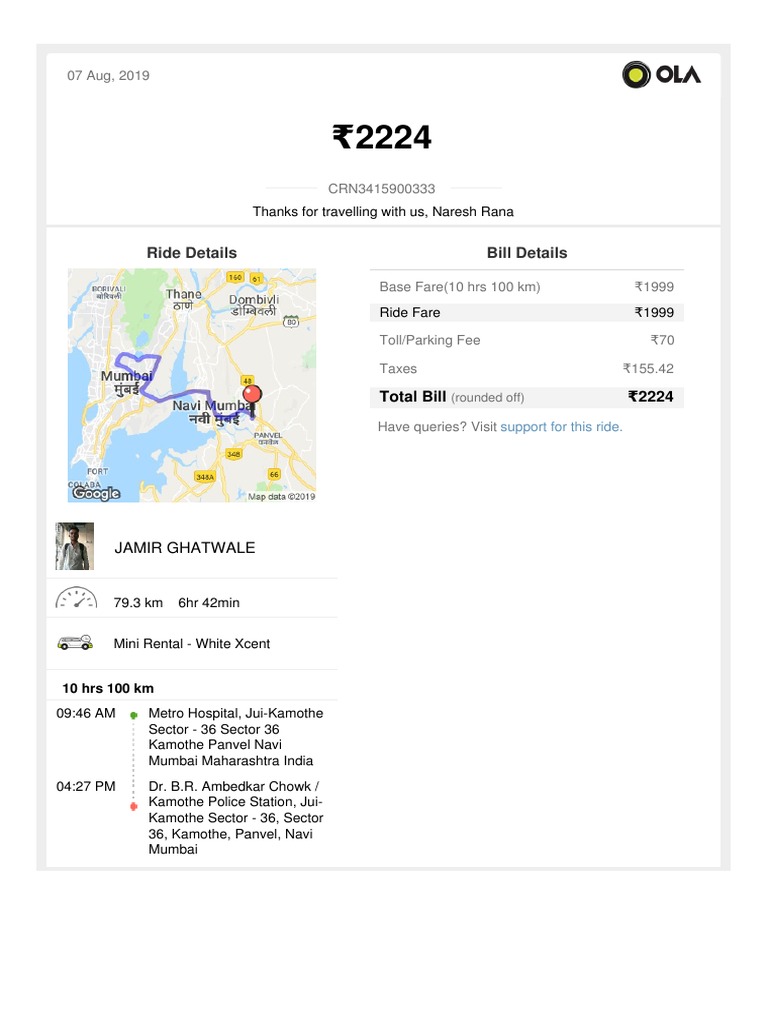 Ola Mini Rental Invoice for 10 hrs 100 km ride | PDF | Invoice | Payments