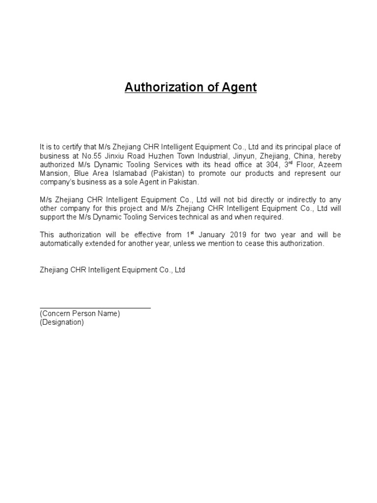 Agent Authorization for Zhejiang CHR | PDF