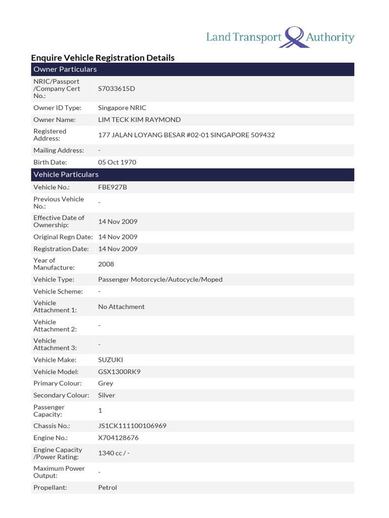 Enquire Vehicle Registration Details: Owner Particulars | PDF | Business