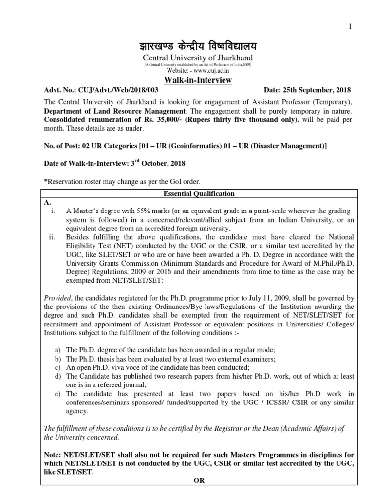 CUJ Walk-in for Assistant Professors | PDF | Doctor Of Philosophy ...