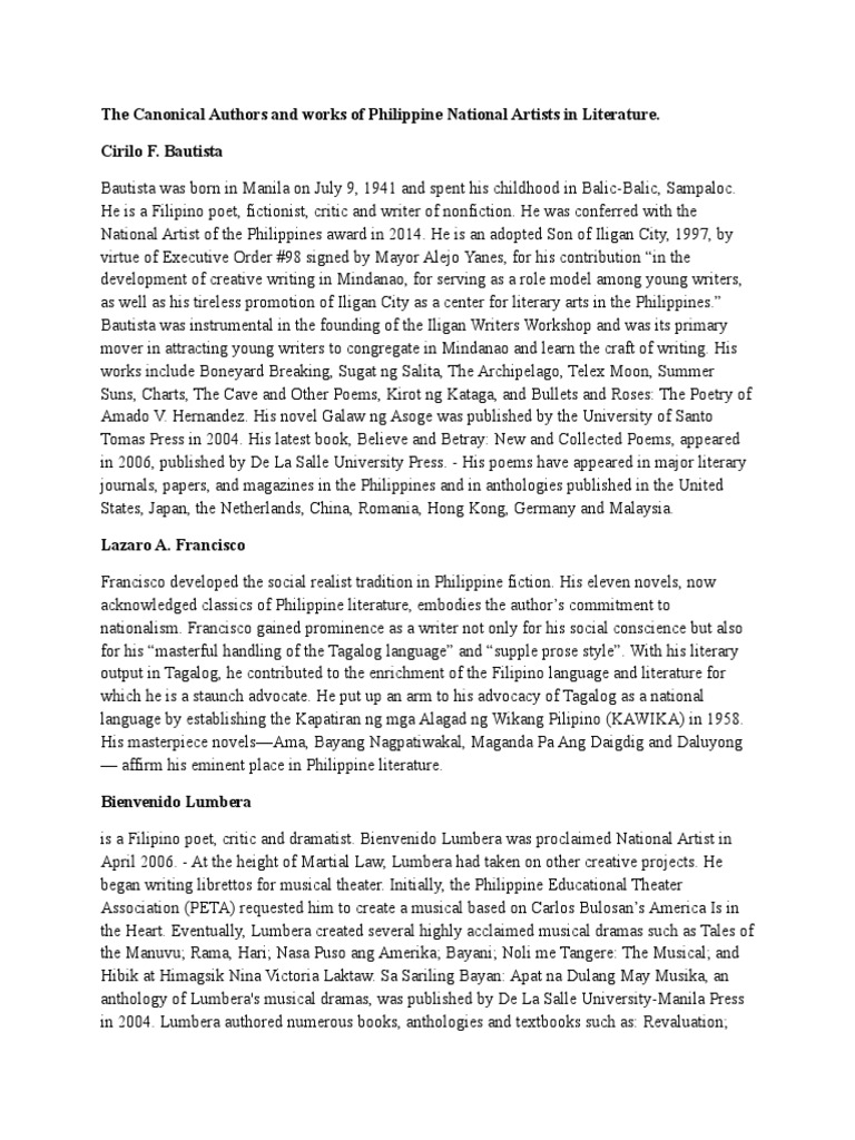The Canonical Authors and Works of Philippine National Artists in ...