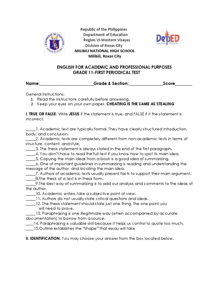 EAPP Grade 11 First Quarter Exam | PDF | Essays | Thesis
