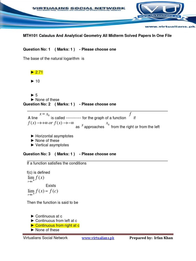 MTH101 Calculus Midterm Solved Papers | PDF | Slope | Maxima And Minima