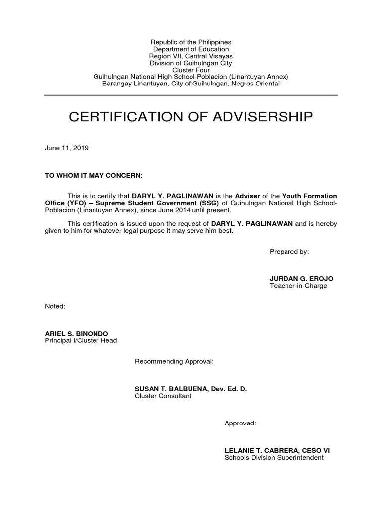 Certification of Advisership | PDF