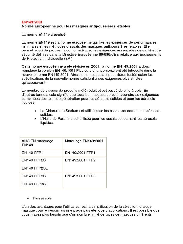 Norme EN149:2001 pour masques FFP | PDF | La nature