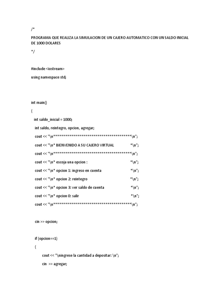 Programa Que Realiza La Simulacion de Un Cajero Automatico Con Un Saldo ...