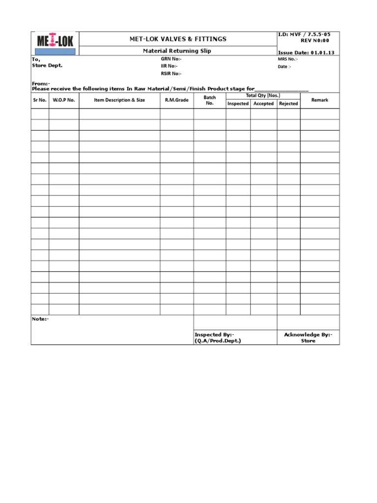 Material Return Slip for Valves | PDF