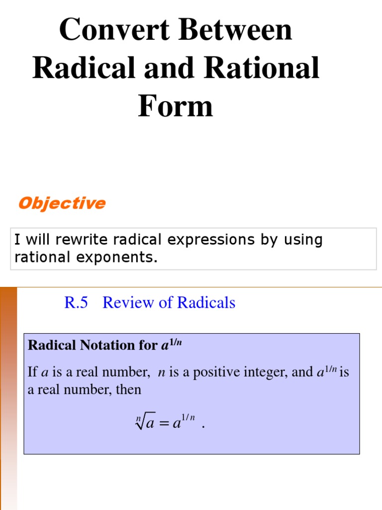 Convert Between Radical and Rational Form: Objective | PDF ...