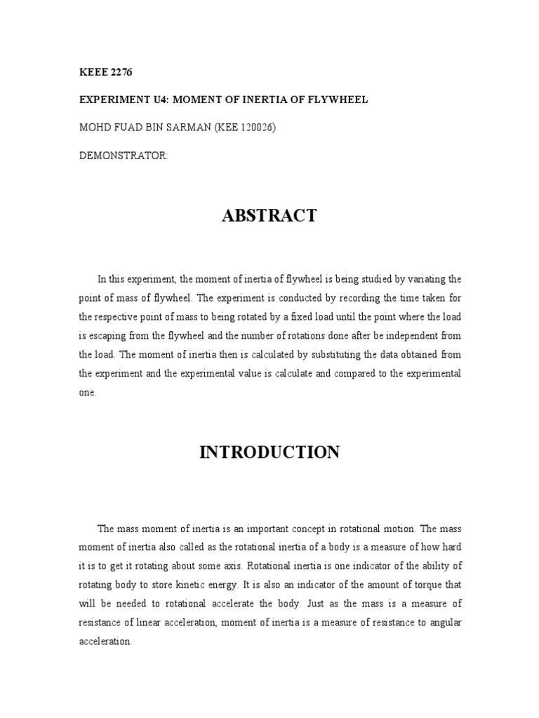 KEEE 2276 Experiment U4: Moment of Inertia of Flywheel | PDF | Rotation Around A Fixed Axis | Torque