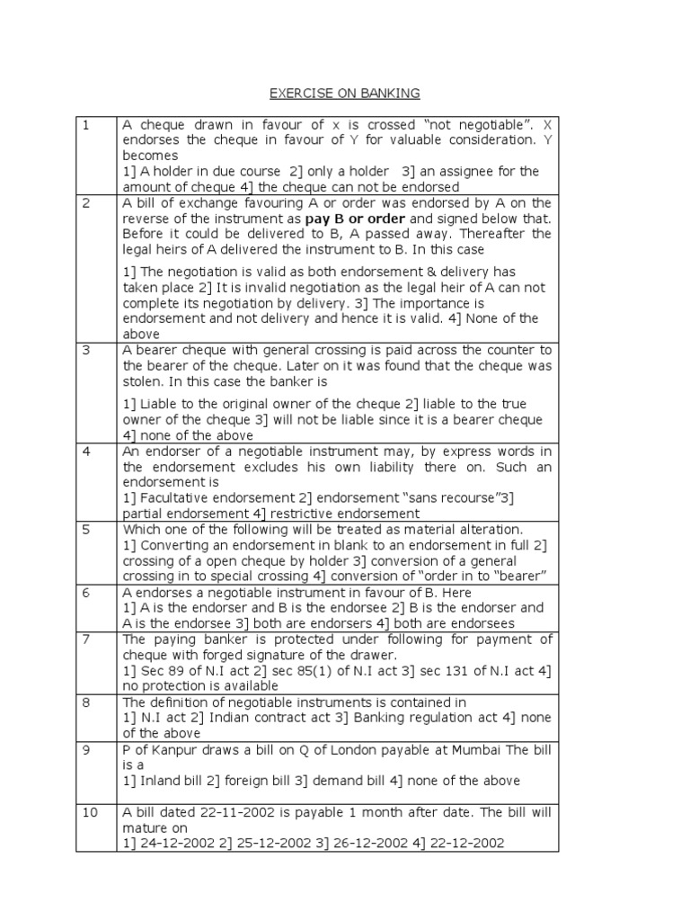 Sample Question Bank Exams | PDF | Negotiable Instrument | Cheque
