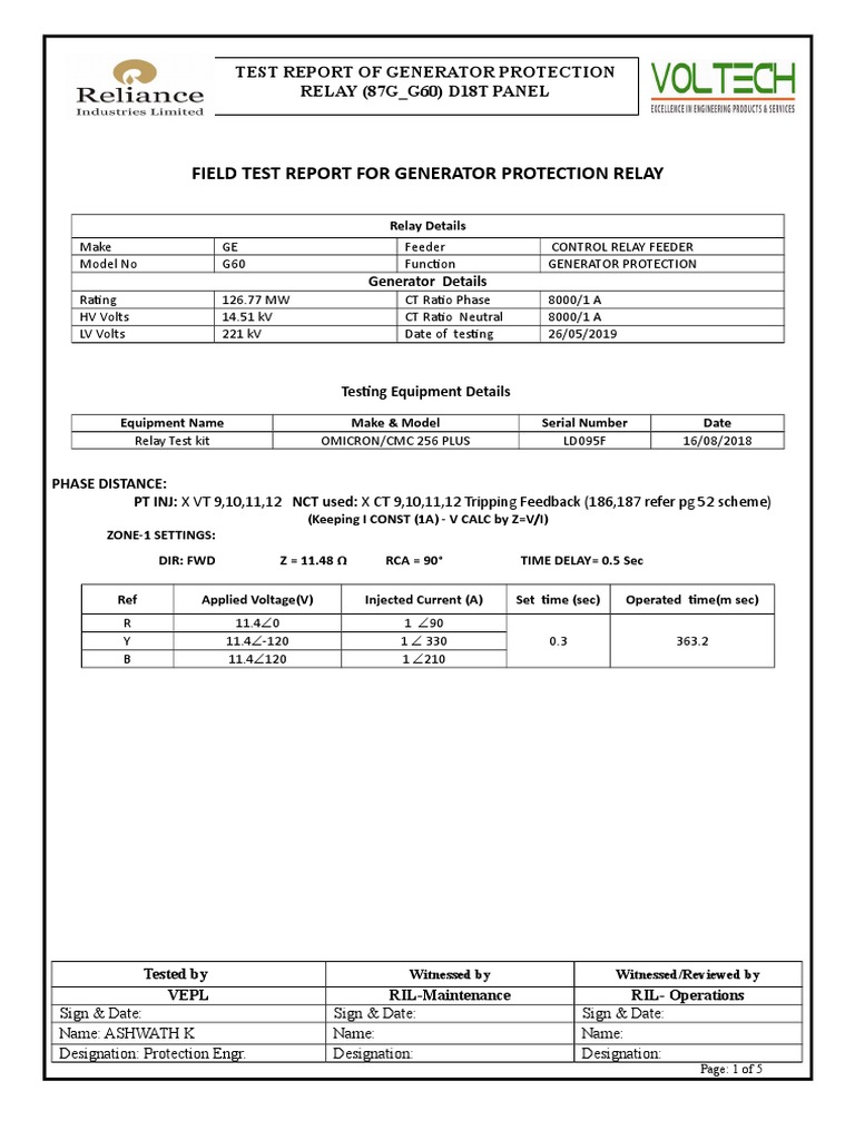 Test Report of Generator Protection RELAY (87G - G60) D18T PANEL ...