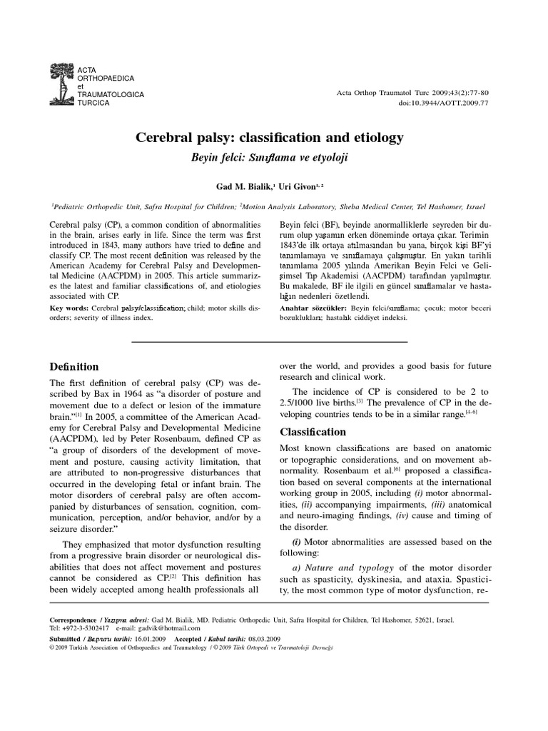 Cerebral Palsy: Classification and Etiology: Beyin Felci: Sını Ama Ve ...