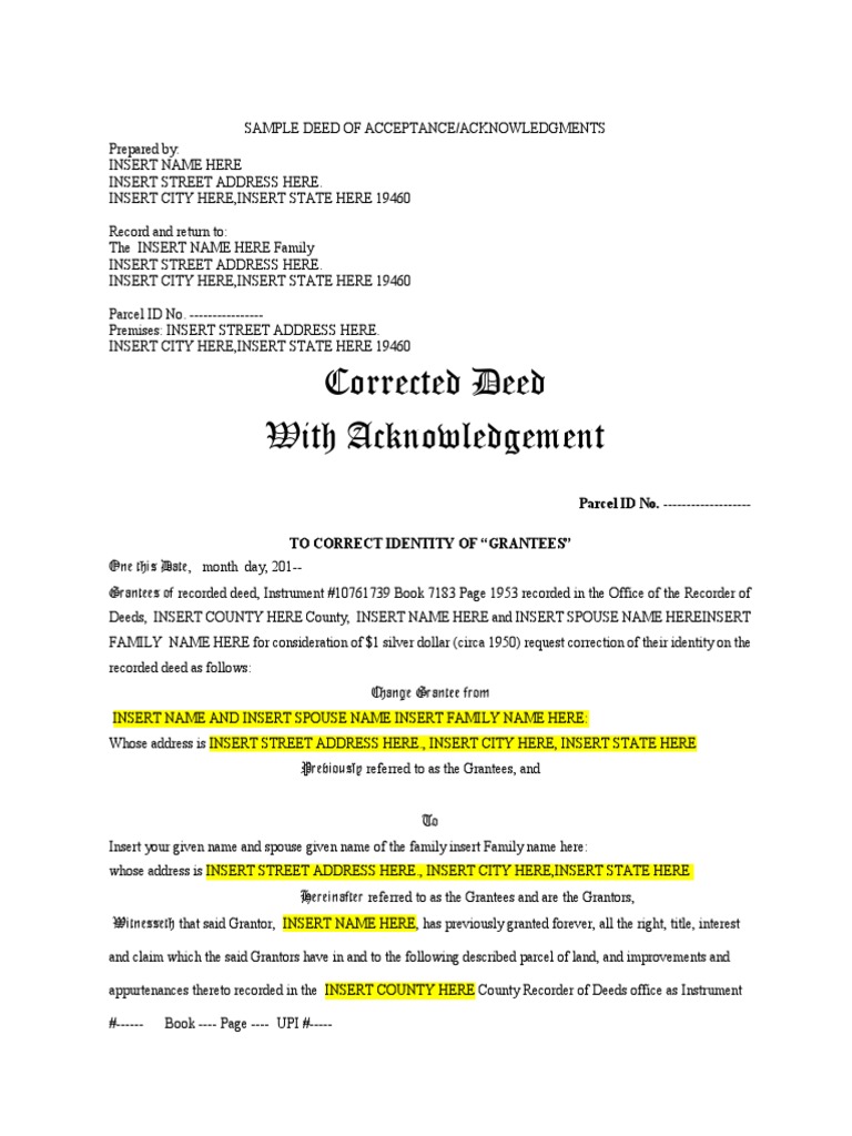 Sample Deed of Acceptance | Deed | Land Lot